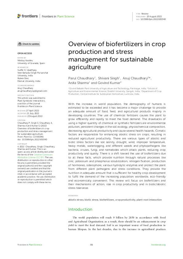 (PDF) Overview of biofertilizers in crop production and stress management for sustainable ...