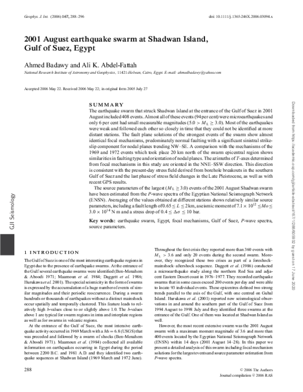 (PDF) 2001 August earthquake swarm at Shadwan Island, Gulf of Suez, Egypt