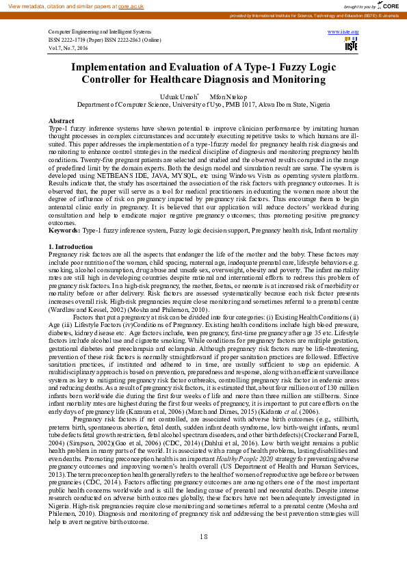 Pdf Implementation And Evaluation Of A Type 1 Fuzzy Logic Controller For Healthcare Diagnosis