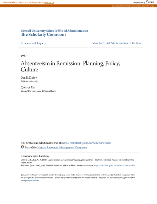 (PDF) Absenteeism in remission: Planning, policy, culture