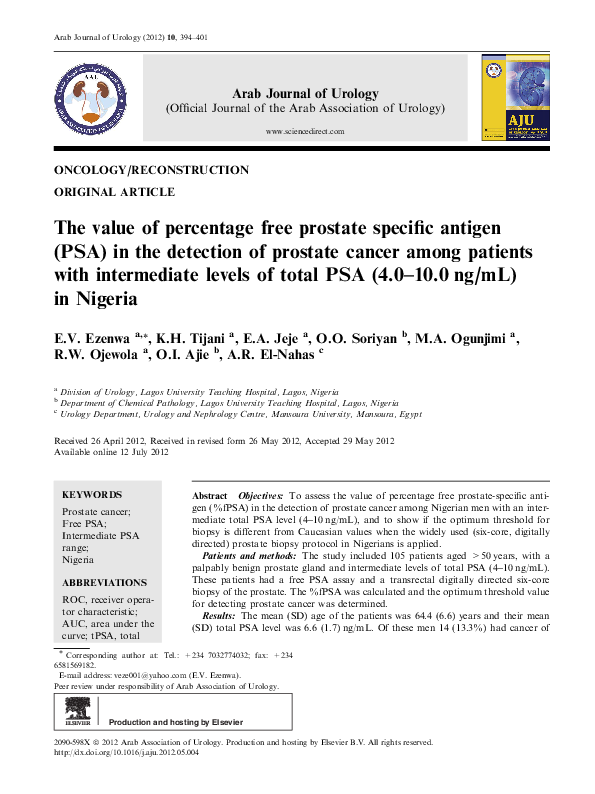 (PDF) The value of percentage free prostate specific antigen (PSA) in ...