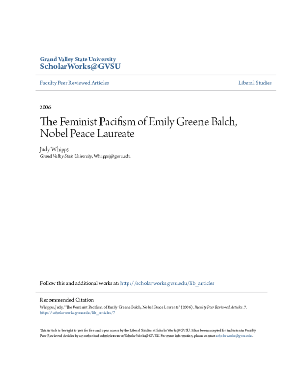 (PDF) The Feminist Pacifism of Emily Greene Balch, Nobel Peace Laureate