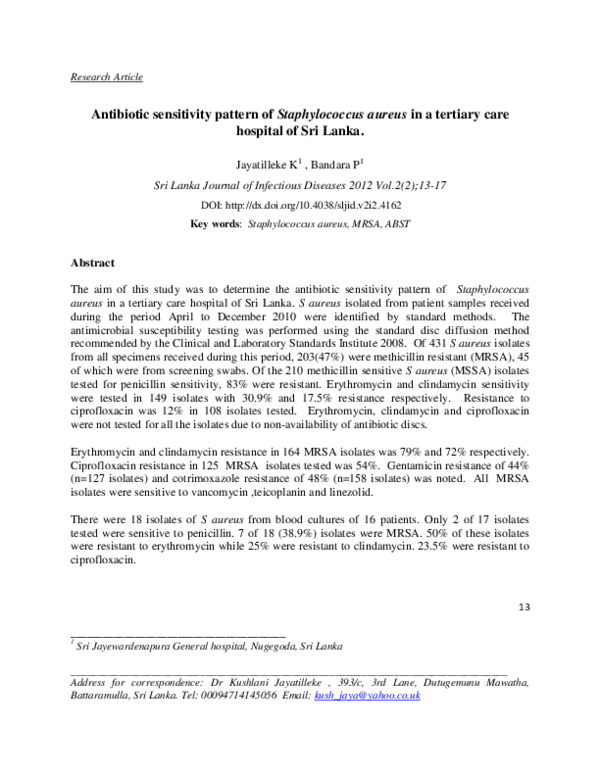 (PDF) Antibiotic sensitivity pattern of Staphylococcus aureus in a tertiary care hospital of Sri ...