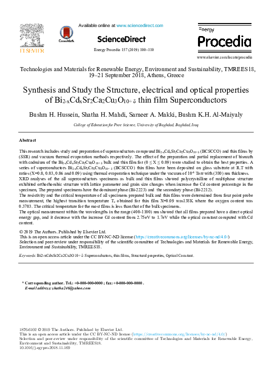 (PDF) Synthesis and Study the Structure, electrical and optical properties of Bi2 ...