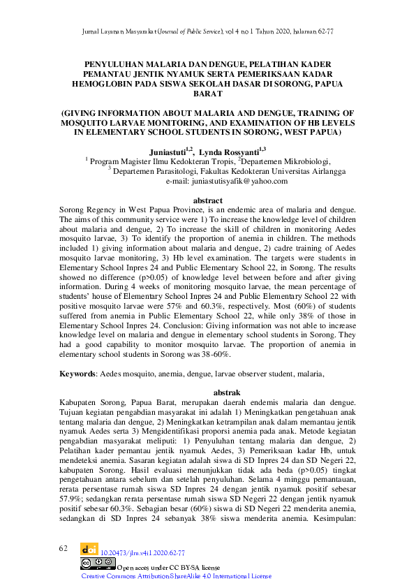 (PDF) Penyuluhan Malaria Dan Dengue, Pelatihan Kader Pemantau Jentik Nyamuk Serta Pemeriksaan ...