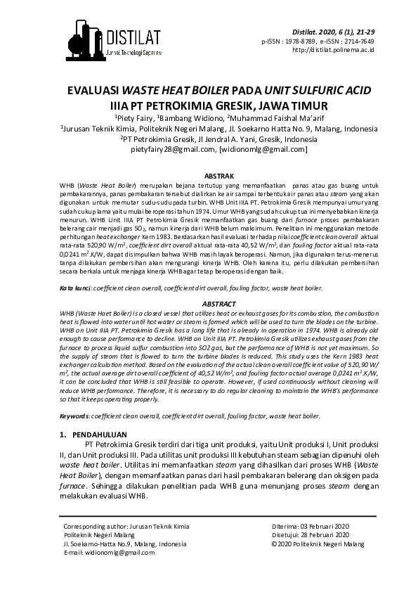(PDF) Evaluasi Waste Heat Boiler Pada Unit Sulfuric Acid Iiia PT ...
