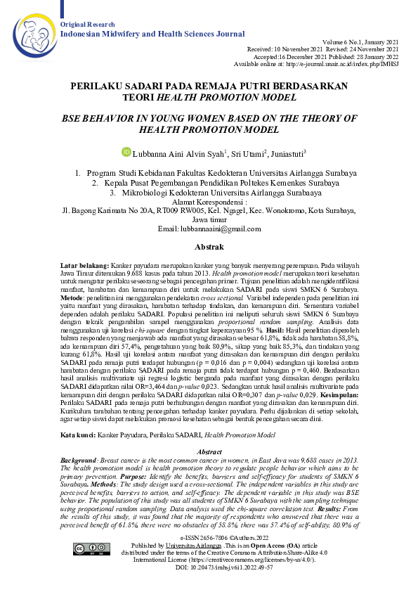 (PDF) Bse Behavior in Young Women Based on the Theory of Health ...