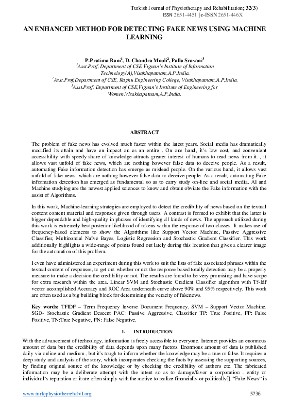 Pdf An Enhanced Method For Detecting Fake News Using Machine Learning