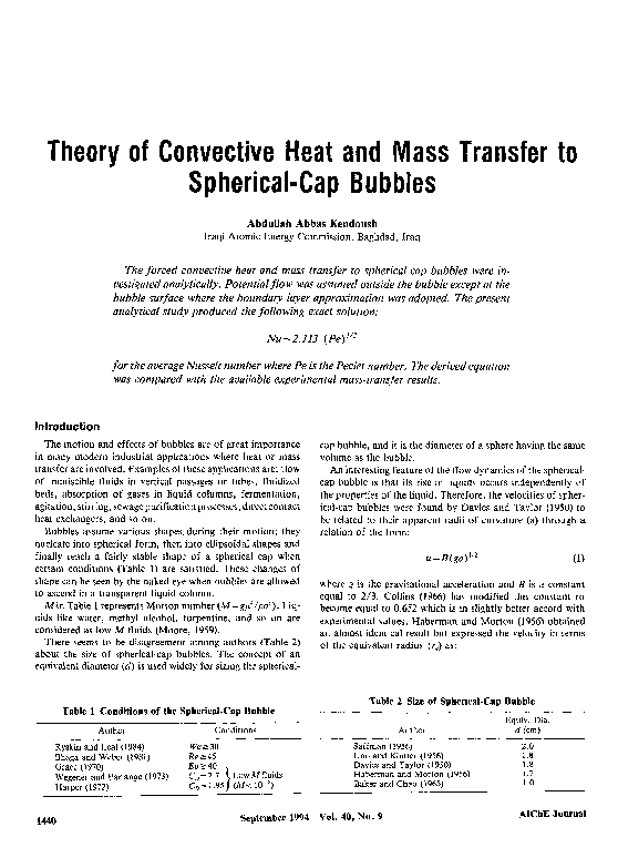 (PDF) Theory of convective heat and mass transfer to spherical-cap bubbles