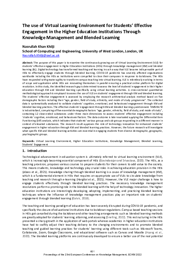 (PDF) The use of Virtual Learning Environment for students effective engagement in the Higher ...