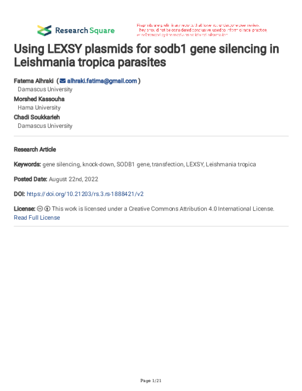 (PDF) Using LEXSY plasmids for sodb1 gene silencing in Leishmania ...