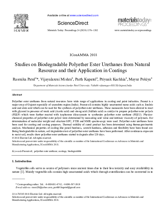 (PDF) Studies on Biodegradable Polyether Ester Urethanes from Natural ...