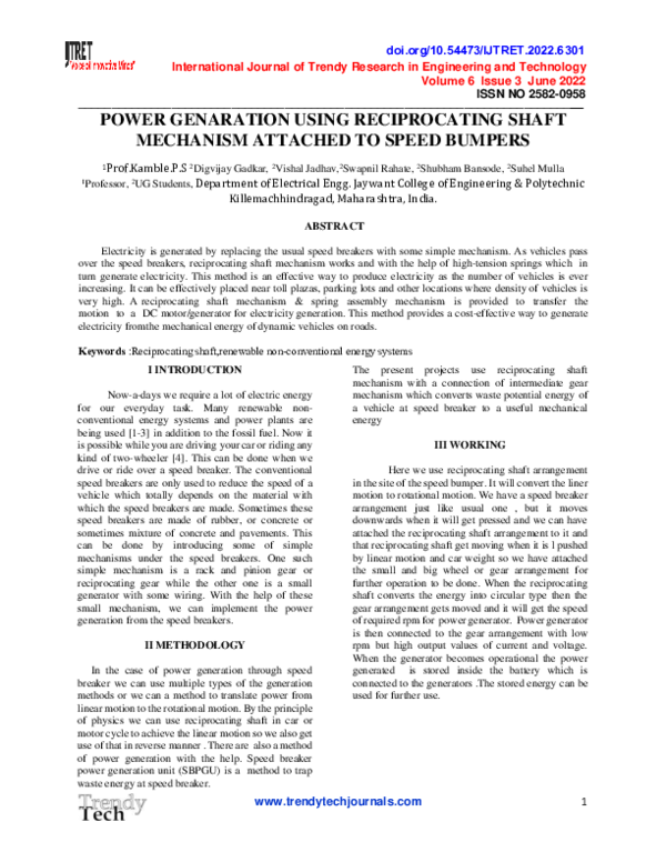 (PDF) POWER GENARATION USING RECIPROCATING SHAFT MECHANISM ATTACHED TO ...