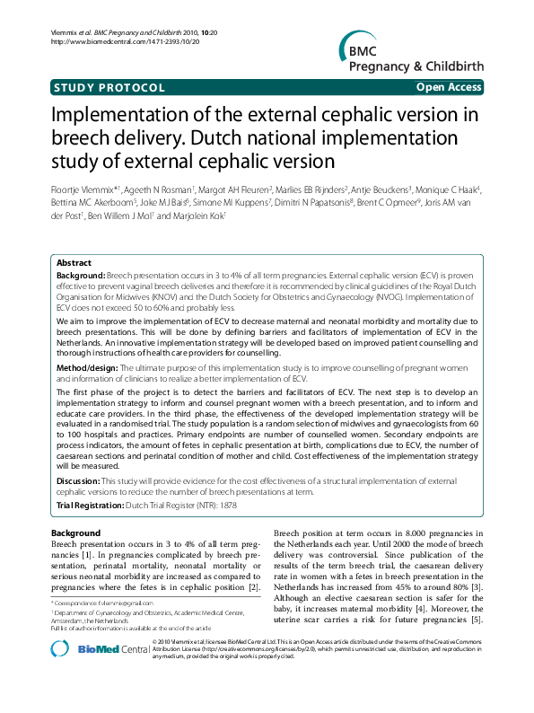 (PDF) Implementation of the external cephalic version in breech delivery. Dutch national ...