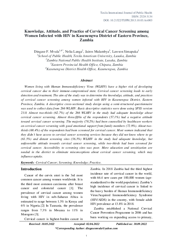 (PDF) Knowledge, Attitude, and Practice of Cervical Cancer Screening ...