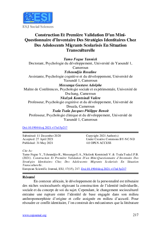 (PDF) Construction Et Première Validation D’un Mini-Questionnaire d ...