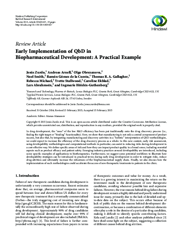 (PDF) Early Implementation of QbD in Biopharmaceutical Development: A ...