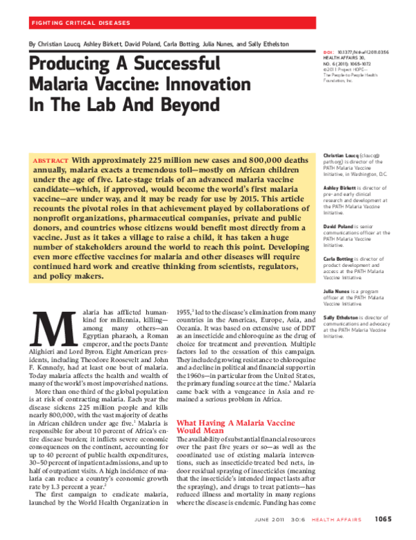 (PDF) Producing A Successful Malaria Vaccine: Innovation In The Lab And ...