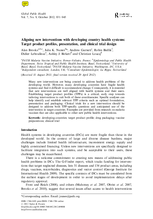 (PDF) Aligning new interventions with developing country health systems ...