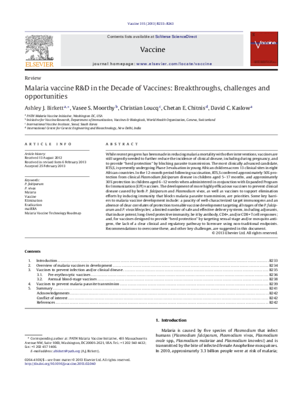 (PDF) Malaria vaccine R&D in the Decade of Vaccines: Breakthroughs ...