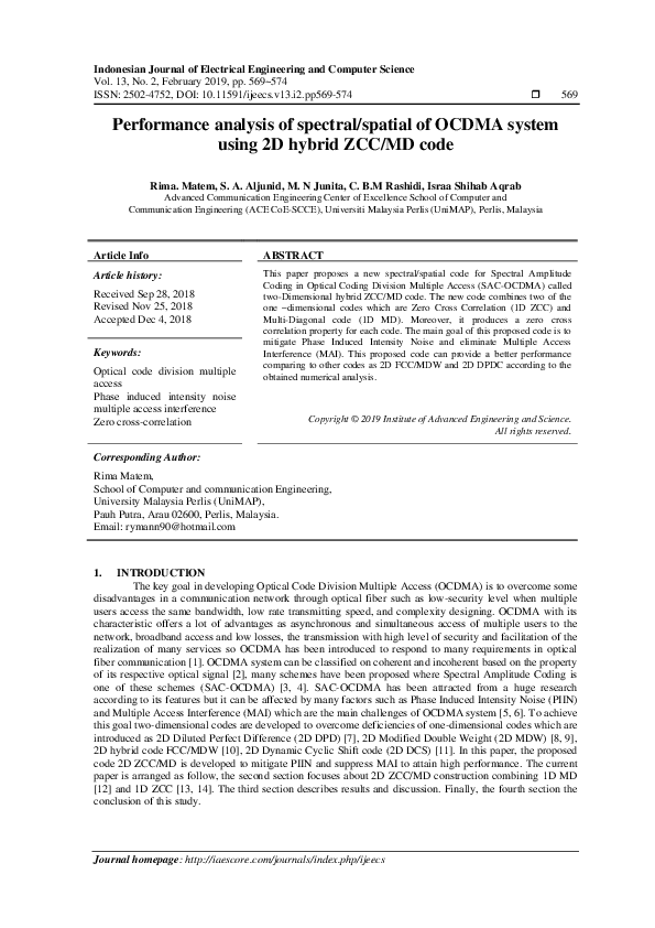 (PDF) Performance analysis of spectral/spatial of OCDMA system using 2D hybrid ZCC/MD code