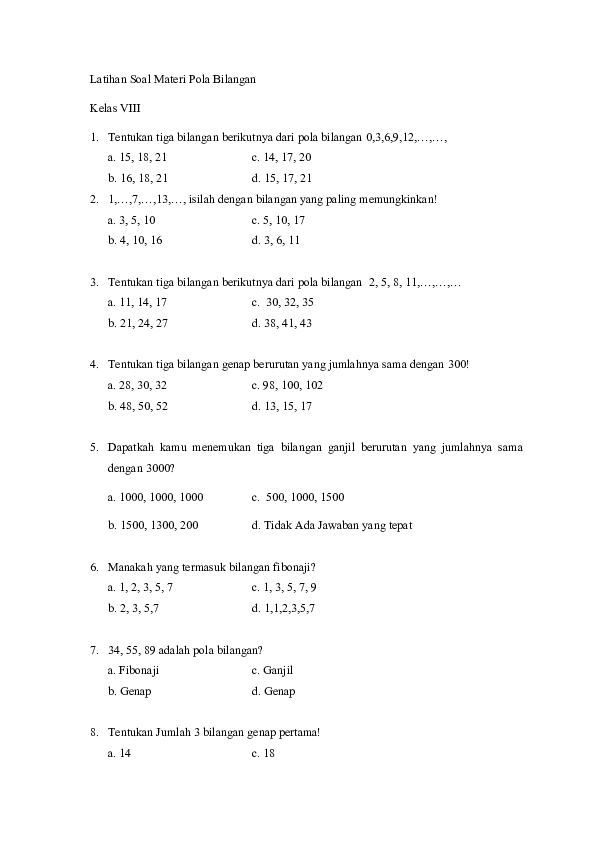 (DOC) Latihan Soal Materi Pola Bilangan kelas VIII (Ganjil)