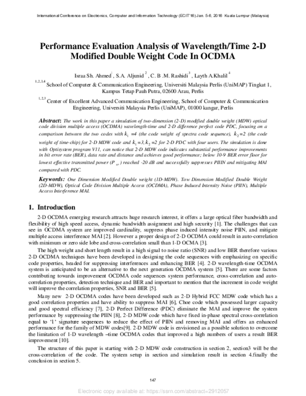 (PDF) Performance Evaluation Analysis of Wavelength/Time 2-D Modified Double Weight Code in ...