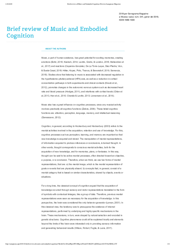 (PDF) Brief review of Music and Embodied Cognition