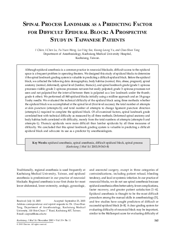 (PDF) Spinal Process Landmark as a Predicting Factor for Difficult ...