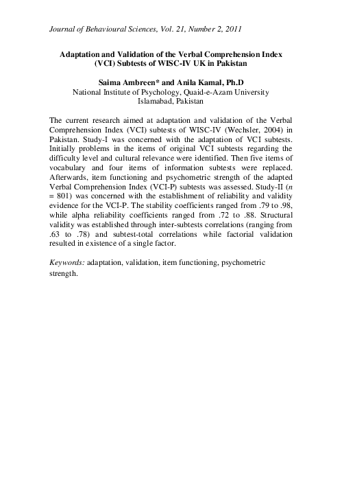 (PDF) Adaptation and Validation of the Verbal Comprehension Index (VCI ...