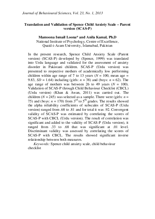 (PDF) Translation and Validation of Spence Child Anxiety Scale - Parent Version (SCAS-P)