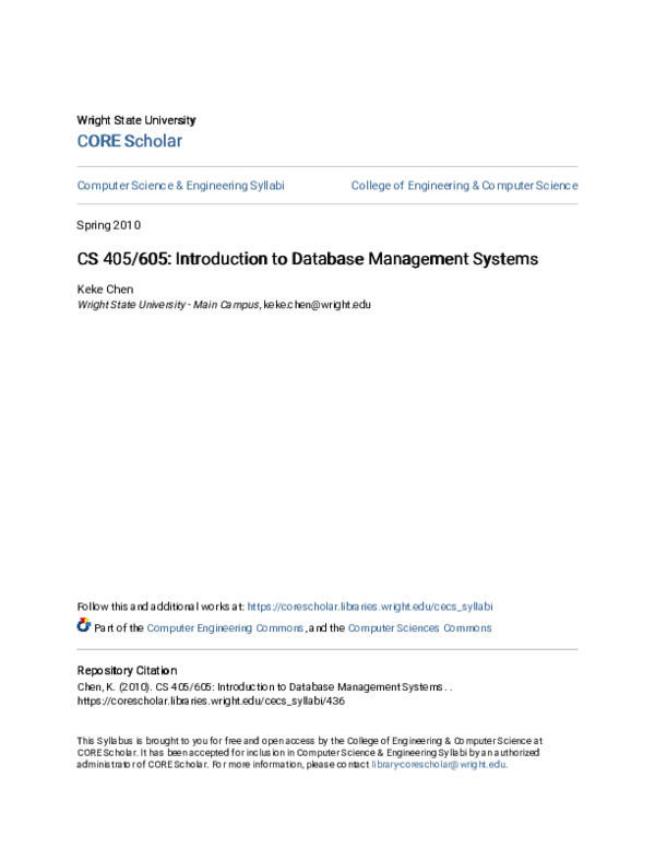 (PDF) CS 405/605: Introduction to Database Management Systems | keke chen - Academia.edu