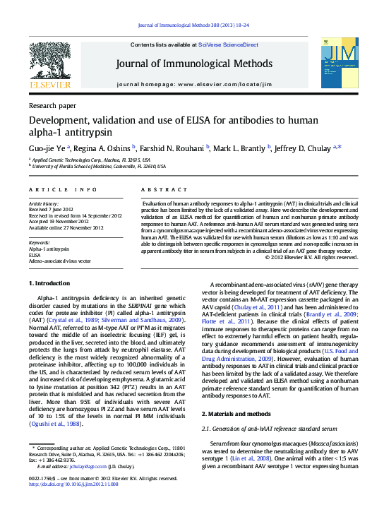 (PDF) Development, validation and use of ELISA for antibodies to human alpha-1 antitrypsin