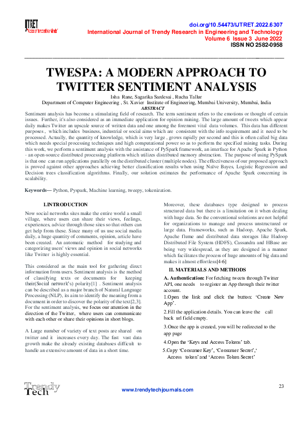 (PDF) TWESPA: A MODERN APPROACH TO TWITTER SENTIMENT ANALYSIS