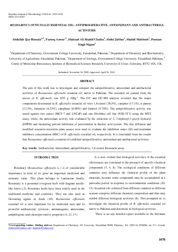 (PDF) Rosmarinus officinalis essential oil: antiproliferative, antioxidant and antibacterial ...