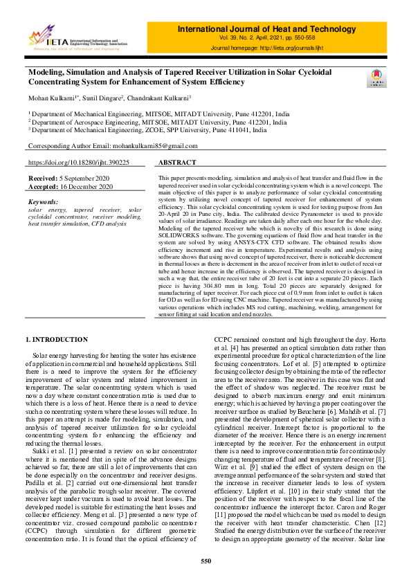 (PDF) Modeling, Simulation and Analysis of Tapered Receiver Utilization in Solar Cycloidal ...