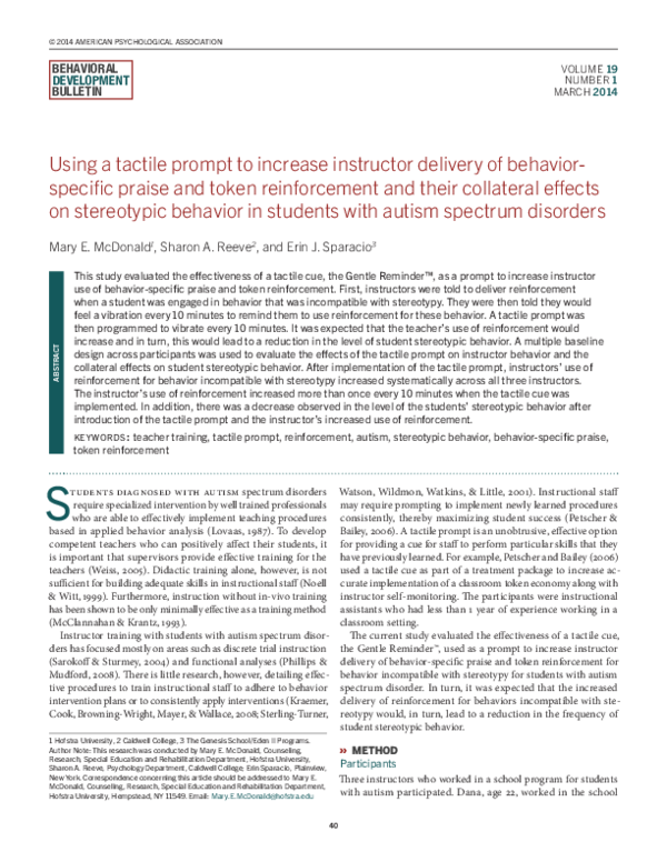(PDF) Using a tactile prompt to increase instructor delivery of behavior-specific praise and ...