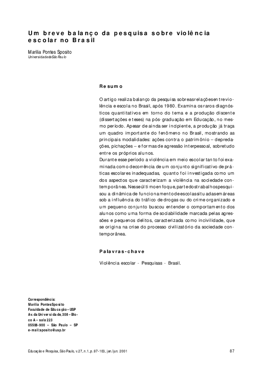 Pdf Um Breve Balanço Da Pesquisa Sobre Violência Escolar No Brasil 3199