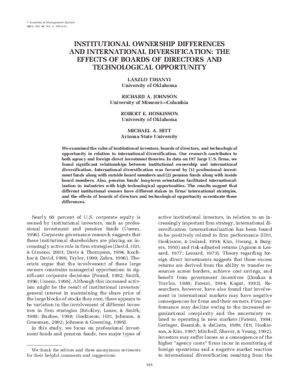 (PDF) Institutional Ownership Differences and International Diversification: The Effects of ...