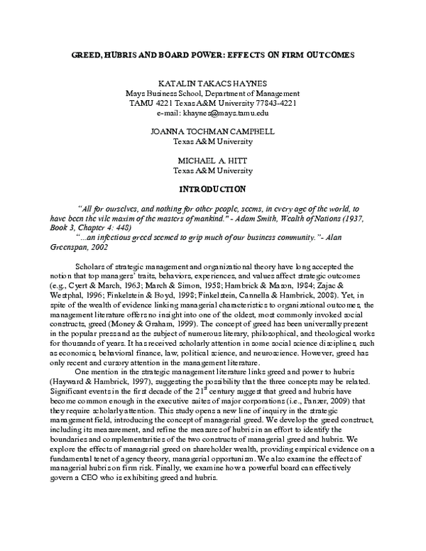 (PDF) Greed, Hubris and Board Power: Effects on Firm Outcomes