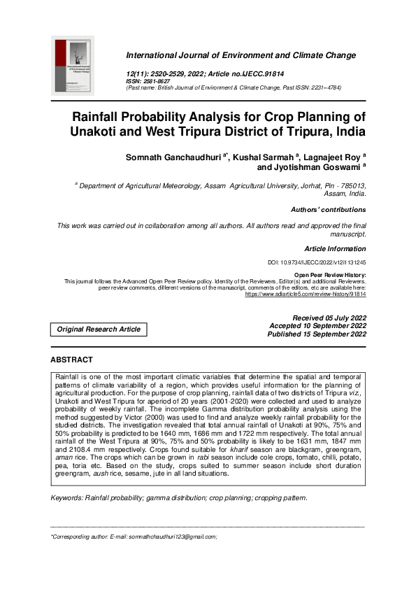(PDF) Rainfall Probability Analysis for Crop Planning of Unakoti and ...