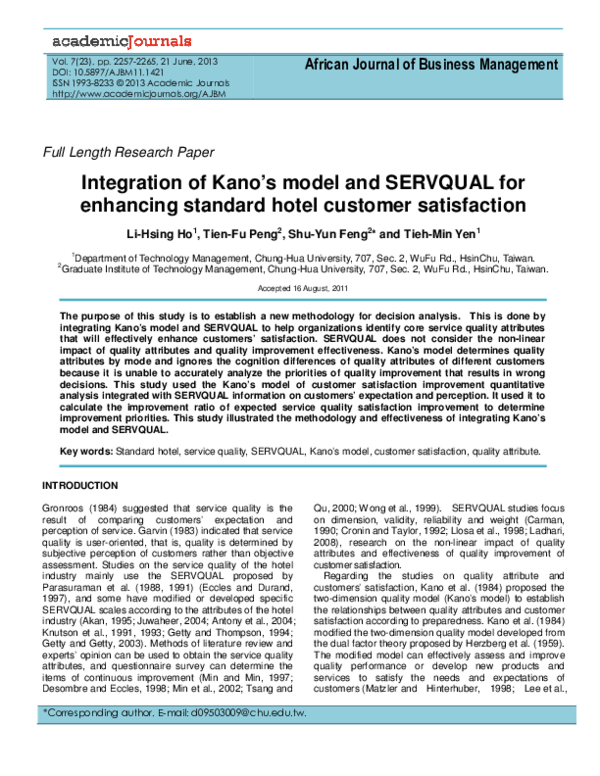 (PDF) Integration of Kanos model and SERVQUAL for enhancing standard hotel customer satisfaction