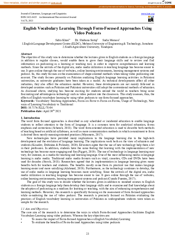 (PDF) English Vocabulary Learning Through Form-Focused Approaches Using ...