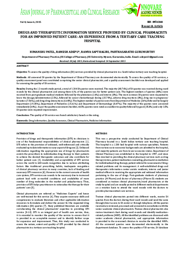 (PDF) Drugs and Therapeutic Information Service Provided by Clinical ...