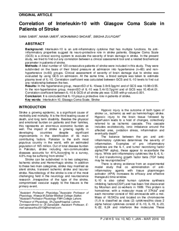(PDF) IL-10 Levels and Glasgow Coma Scale in Stroke