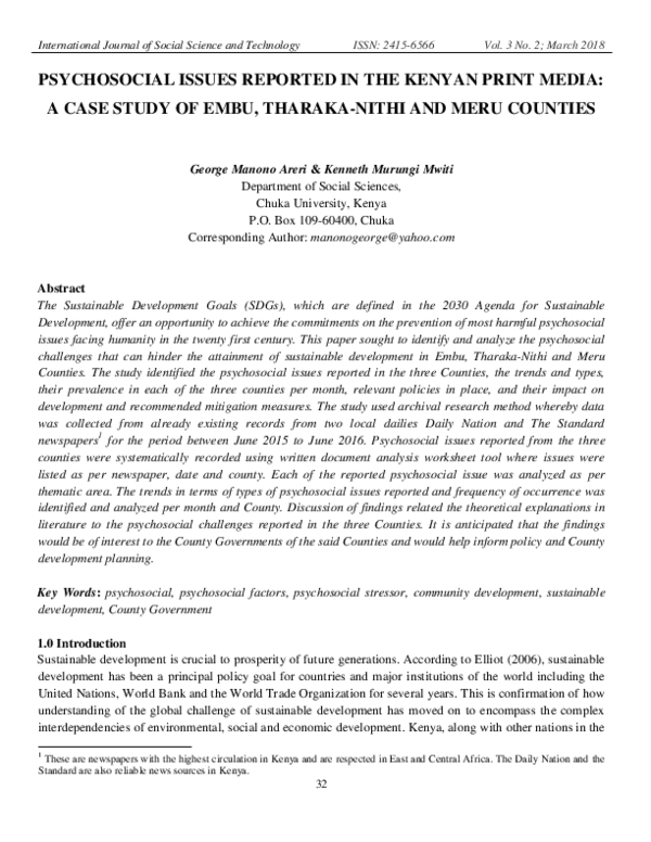 (PDF) Psychosocial Issues Reported in the Kenyan Print Media: A Case Study of Embu, Tharaka ...