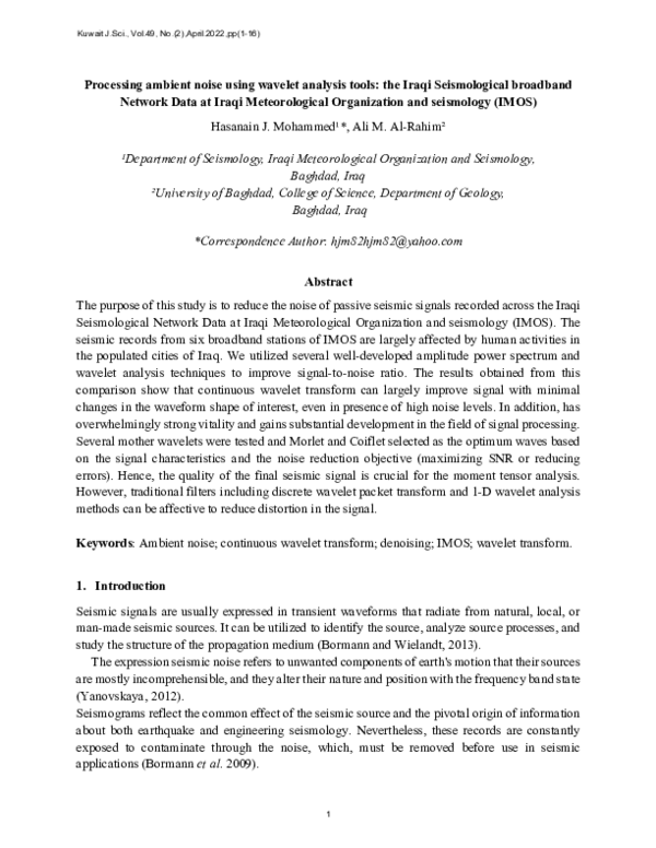 (PDF) Processing ambient noise using wavelet analysis tools: the Iraqi Seismological broadband ...