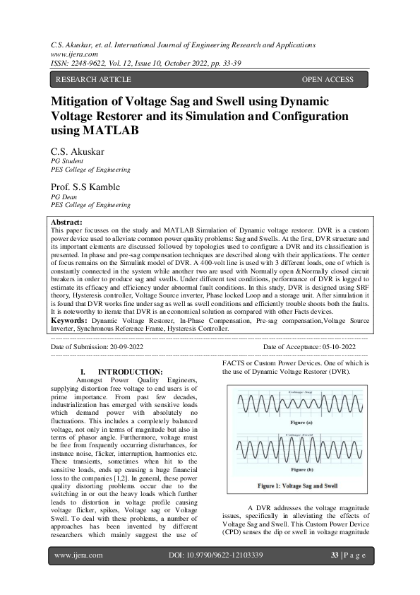 Pdf Mitigation Of Voltage Sag And Swell Using Dynamic Voltage