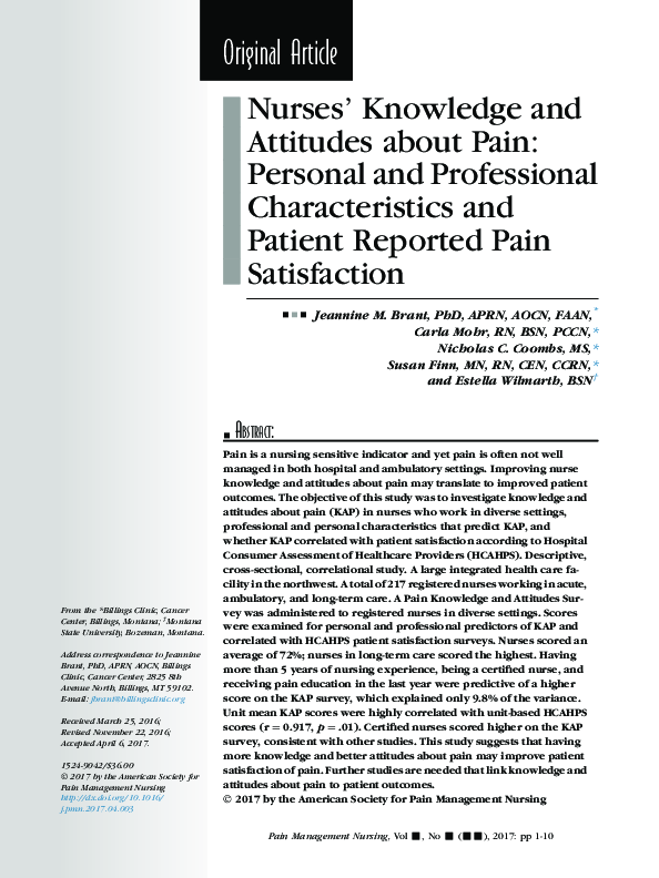 Pdf Nurses Knowledge And Attitudes About Pain Personal And