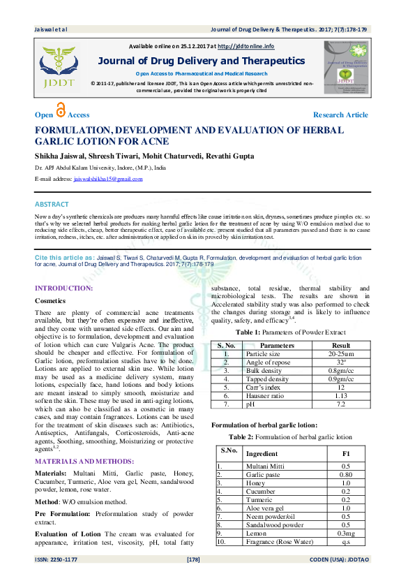 Pdf Formulation Development And Evaluation Of Herbal Garlic Lotion For Acne Deepak Sen